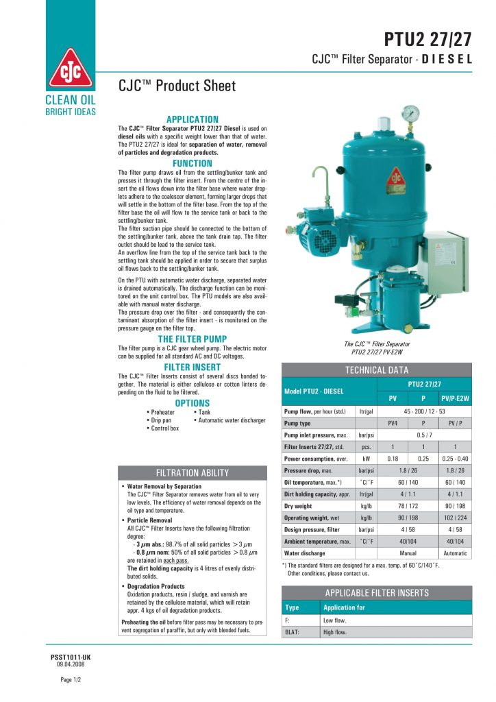 PTU2 27/27 Diesel Filter Separator - CJC Filter Separator