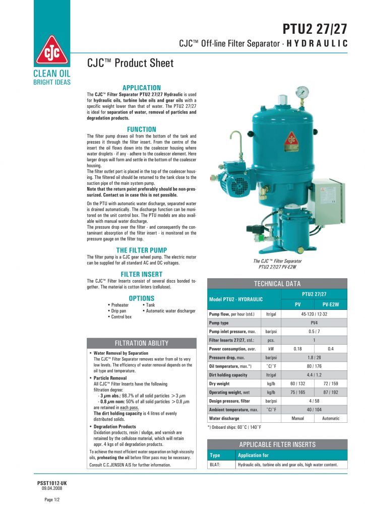 PTU2 27/27 Hydraulic Filter Separator - CJC Filter Separator